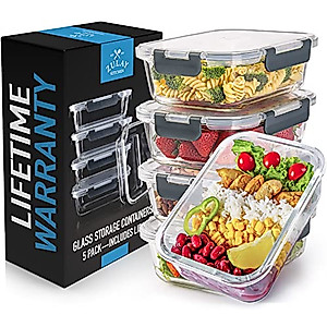 Zulay Kitchen 5 Pack Leak-Proof Glass Food Storage Containers - 36 oz Thick & Durable Glass Meal Prep Containers - Airtight Easy to Clean Glass Storage Containers With Lids