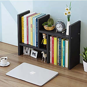 Hossejoy Desktop Organizer Office Storage Rack Adjustable Wood Desk Organizer Display Shelf, Countertop Bookcase Desktop Bookshelf- Free Style Double H Display, Black