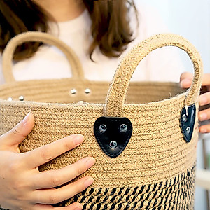 DOUBLE POMELO - Shelf Basket Jute Basket Woven Basket for Comforter Cushions Blanket Basket Toy Basket with Handle Laundry Hamper with Handle Brown and Black (11'' x 11'')