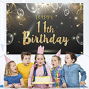 HAMIGAR 6x4ft Happy 11th Birthday Giltter Shinning Banner Backdrop - 11 Years Old Birthday Decorations Party Supplies for Girls Boys - Black Gold