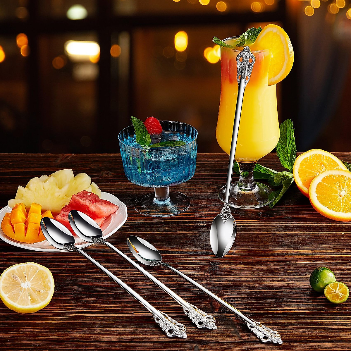 KEAWELL Luxurious 9 Inch Long Iced Tea Spoon Set - 4 Pieces - Gorgeous Design with Exceptional Mirror Polished Finish - 18/10 Stainless Steel- Perfect for Tall Glasses, Cocktails (Silver)