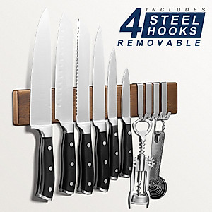 ENOKING Knife Magnetic Strip, Magnetic Knife Holder for Wall 16 Inch, Powerful Magnetic Knife Strip Acacia Wood Magnetic Knife Holder for Refrigerator, Wall Mount Magnet Knife Bar with 4 Hooks