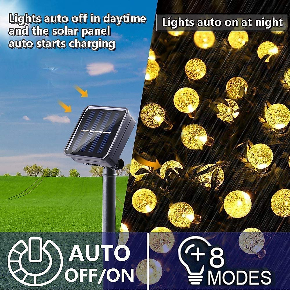 Solar String Lights Outdoor YEEMATOP 60 LED 36 Feet Solar Fairy Lights with 8 Lighting Modes,Indoor String Lights Waterproof Crystal Globe Lights for Garden,Party,Wedding,Christmas Decor (Warm White)