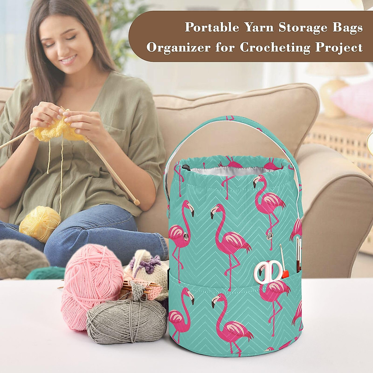 Lovely Flamingos Teal Crochet Bag Organizer Yarn Storage Bag Yarn Holder Knitting Bag Crochet Accessories with Pockets Portable for Knitting Kit Supplies Travel