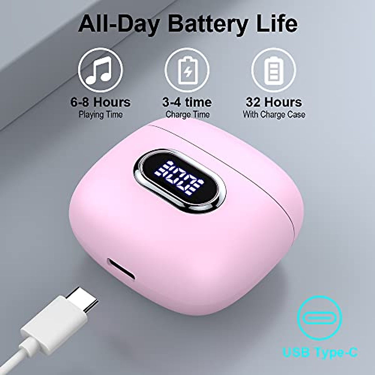 Wireless Earbud, Lrecat Bluetooth 5.3 Headphones with CVC8.0 HD Mics, 32H Playtime Bluetooth Earphones with Hi-Fi Stereo Sound, Wireless Headphones in Ear IP7 Waterproof, Ear Bud for Android iOS, Pink