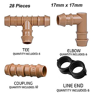 Arfun 28P Drip Irrigation Fittings Kit (17mm) for 1/2" Tubing (.600" ID), 10 Couplings, 6 Tees, 6 Elbows and 6 Tubing End Closure - Barded Connectors for Drip or Sprinkler Systems(28 Pieces Set)