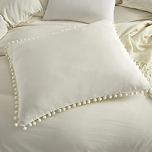 AiMay 2 Piece Duvet Cover Set Twin Size(1 Duvet Cover + 1 Pillow Shams) Bedding Sets Super Soft 100% Double Brushed Microfiber Boho Ball Fringe Breathable Skin-Friendly (White, Twin)