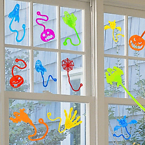 Tuzuaol 100 Pack Halloween Sticky Hands Party Favors Supplies for Kids, Ghost Pumpkin Skull Fingers Bat Spider Web Sticky Stretchy Hand Toys Gifts for Boys Girls