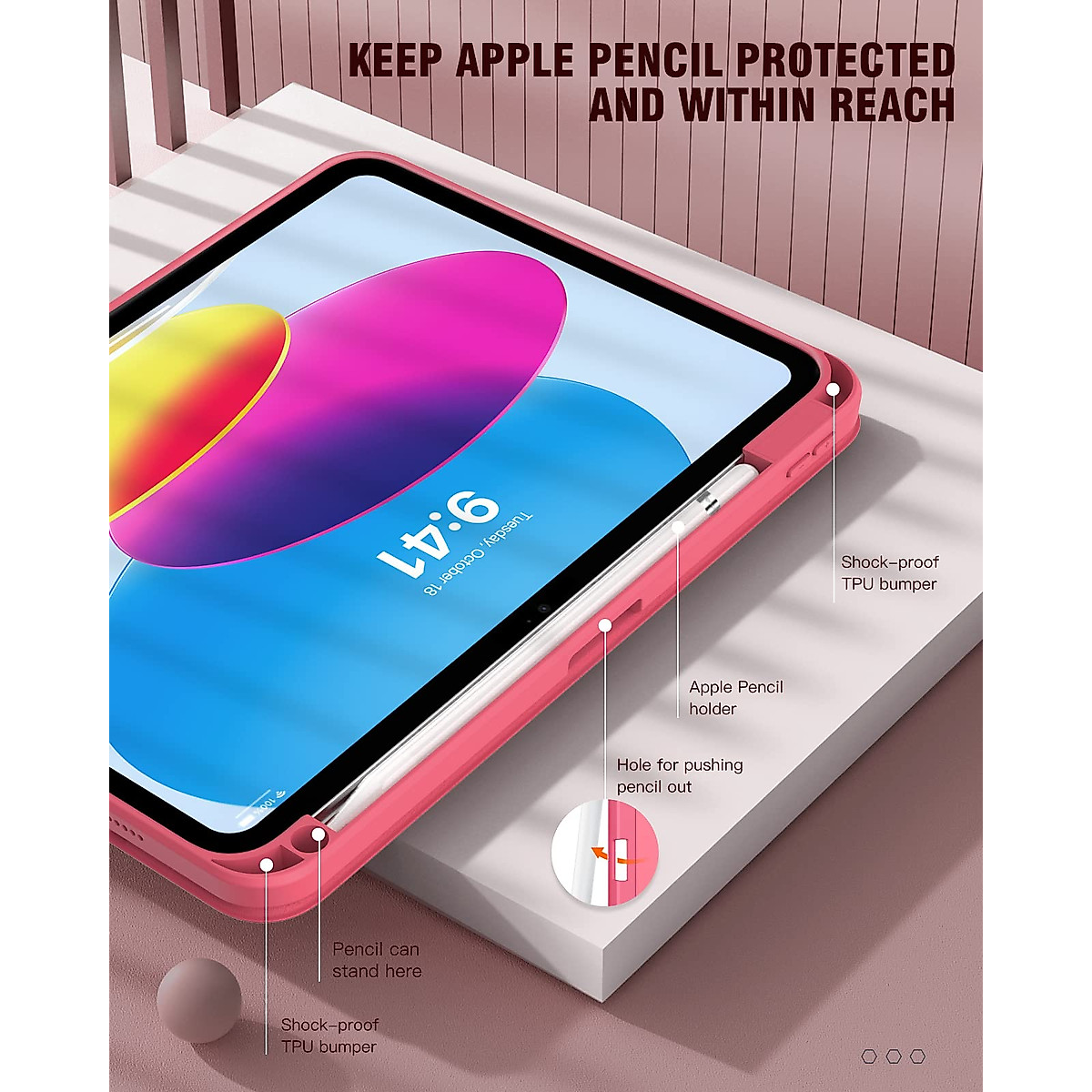 TiMOVO Case for iPad 10th Generation with Pencil Holder iPad 10.9 Inch Case 2022, iPad Case 10th Generation Hybrid Slim Tri-fold Stand Protective Cover with Clear Back for iPad 10, Watermelon Pink