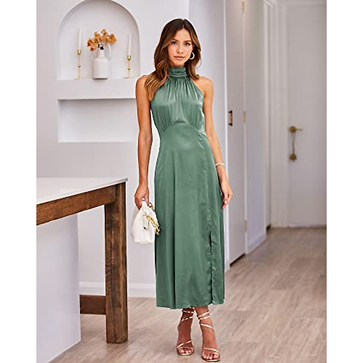 BTFBM Women Elegant Sleeveless Summer Dresses 2023 Halter Neck Backless Satin Dresses Split Solid Color Cocktail Maxi Dress（Solid Army Green,Medium