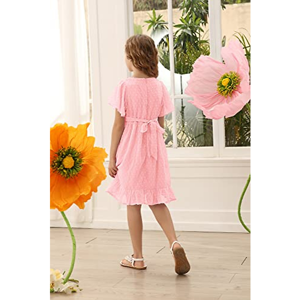Danna Belle Pink Dresses for Girls Ruffle Hem Flutter Sleeve Casual Dress for Girl Size 7-8