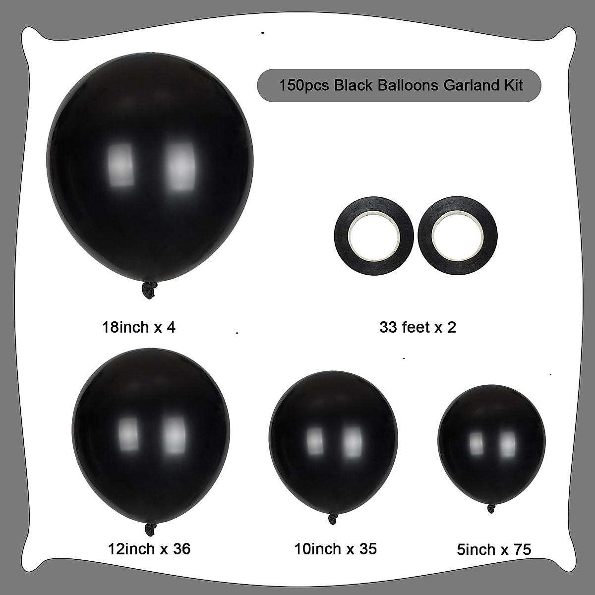 150pcs Black Balloons Different Sizes Pack, 18 12 10 5 Inch Party Balloon Garland Arch Kit for Halloween Birthday Graduation Baby Shower Party Decorations(With 2 Ribbons)