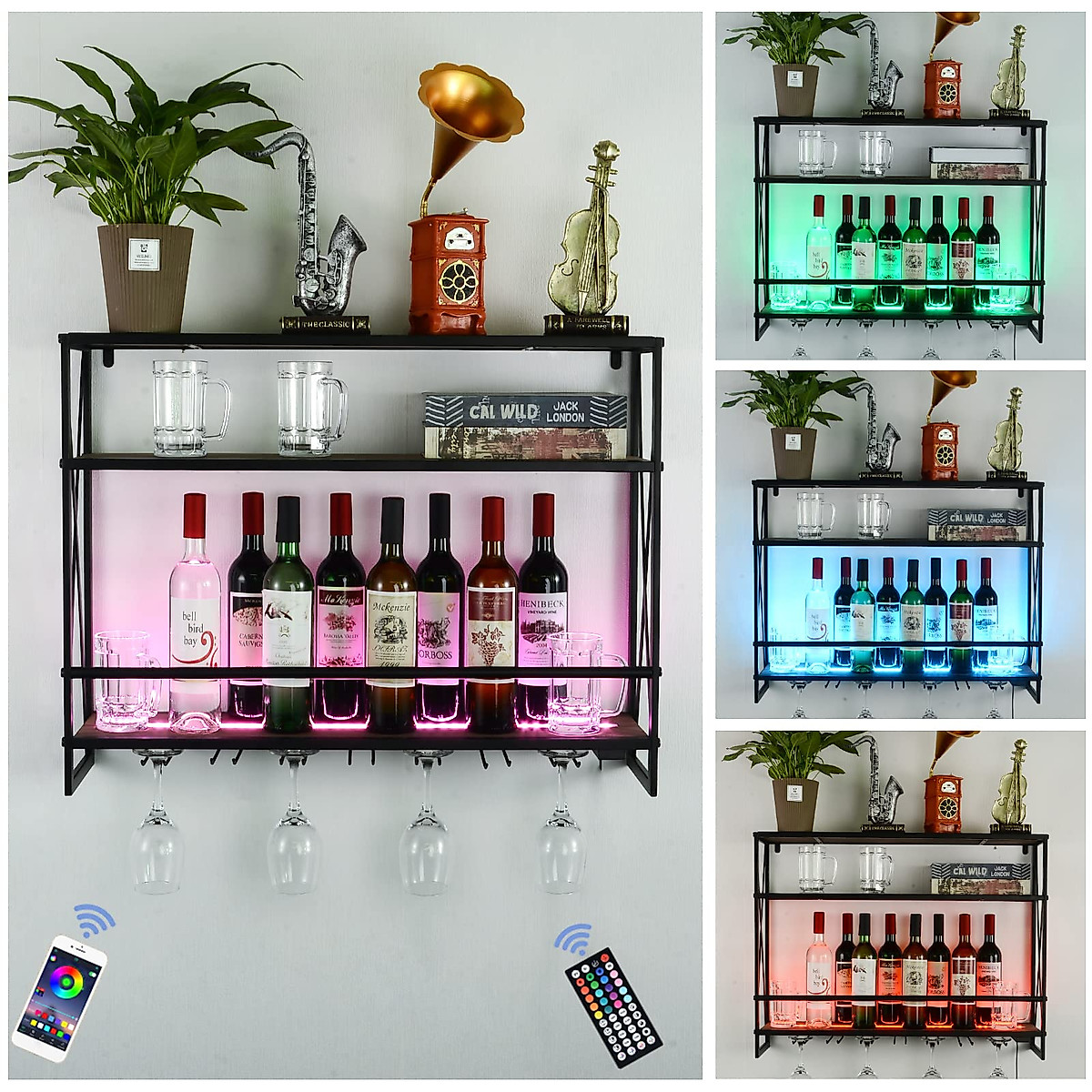 Fhons LED Wine Racks Wall Mounted, Remote Control and 7 Stem Wine Glass Holders, 31.5in Industrial Metal Hanging Wine Rack, Rustic Bottle Holder Glass Rack, 3-Tiers Bar Shelves for Home, Dining Room