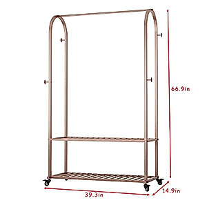 Modern Clothing Rack on Wheels Gold Display Rack with 2-tier Shelf Metal Hanging Rack Gold Clothes Rack for Boutique, Retail or Home -rose gold