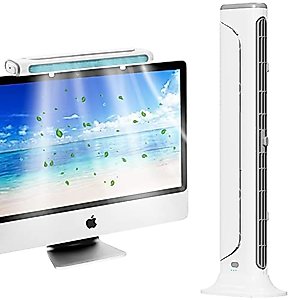 DauMeiQH Office Desk Monitor Screen Fan, Bladeless Tower Standing Fan Bar for Bedroom, 4000mAh Battery Powered Table Top Cooling Stand up Tall Fan with USB-C Charging Cable, 12 inch Air Outlet- White