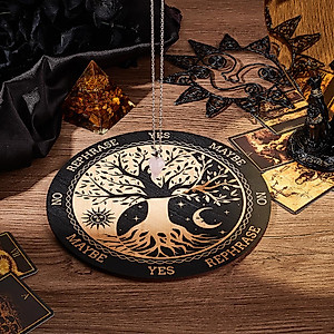 INFUNLY Witch Pendulum Board Tree of Life Round Wooden Divination Board 7.9" Sun Moon Metaphysical Message Board with Crystal Necklace Witchcraft Wicca Altar Supplies Kit