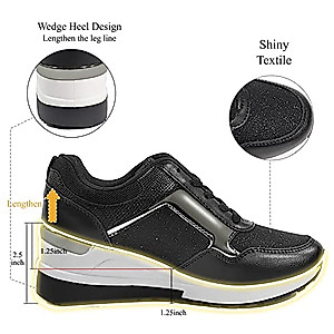 EETTARO Women's Wedge Platform Fashion Sneakers Ladies Lace Up High Heel Lightweight Walking Shoes(Black PU V1, Numeric_7)