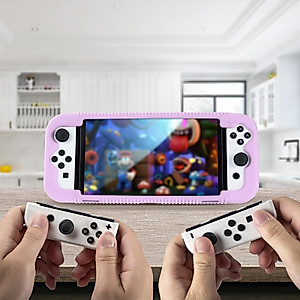 Teyomi Silicone Case for Nintendo Switch OLED with 2 Game Cards Slots, [Kids Friendly] Shockproof Protective Cover with Tempered Glass Screen Protector, Ergonomic Grip Case for Switch OLED, Purple