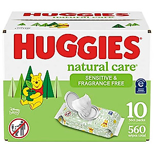 Huggies Natural Care Sensitive Baby Wipes, Unscented, Hypoallergenic, 99% Purified Water, 10 Flip-Top Packs (560 Wipes Total)