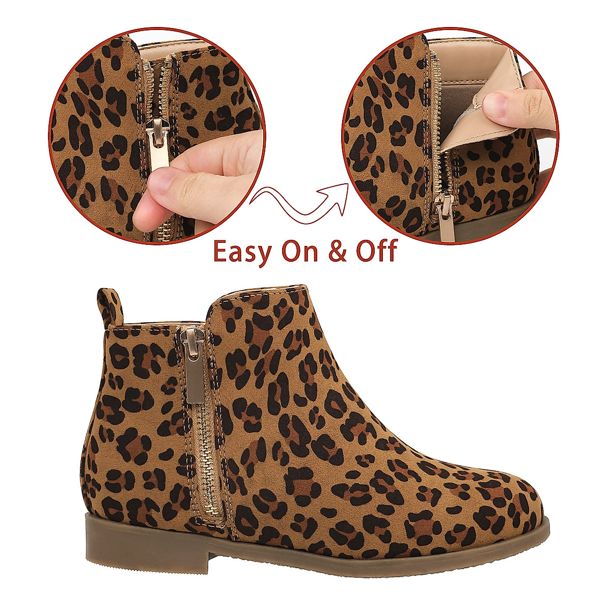 Harvest Land Girl Boots Kids Ankle Boots Warm Side Zipper Boots Low heel Short Booties Winter Snow Boots Anti-Slip Outdoor Shoes for Little Kids/Big Kids Leopard US13