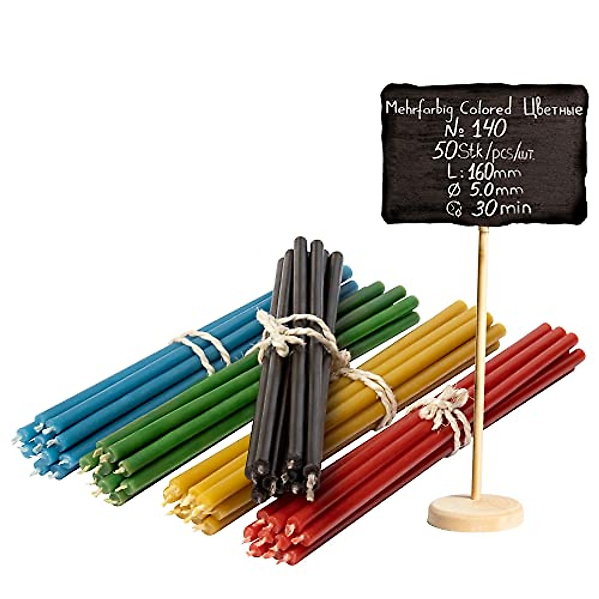 Diveevo ecclesiastical Beeswax Candles - 50 pcs. I Ritual Candles L-6.3 in, Ø-0.2 in I 30 min Burning time Yellow red Green Blue Black I Thin Candles drip- & smokefree