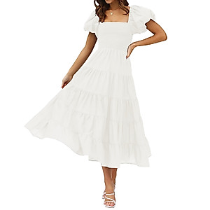 ZESICA Women's 2025 Summer Square Neck Short Puff Sleeve Solid Color High Waist Casual Smocked Flowy A Line Tiered Midi Dress,White,Small