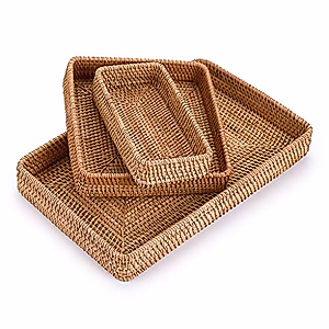 Hipiwe Large Rattan Serving Tray, Handwoven Wicker Basket Organizer Tray, Rectangle Tabletop Breakfast Drinks Snack Fruit Storage Platter Tray for Dining, Coffee, Home Decor (Set of 3)