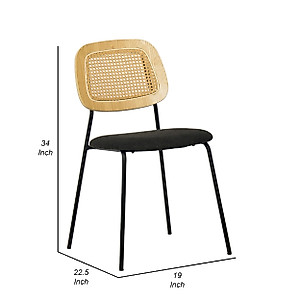 Benjara 19 Inch Dining Chair, Set of 2, Cane Backrest, Black Fabric Seat, Metal, Walnut Brown and Beige