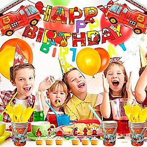 Fire Truck Birthday Party Supplies,155pcs Fire Truck Birthday Party Decorations for Boys-Firetruck Birthday Decorations Balloons Plates Napkins Tablecloth etc Fire Truck Themed Birthday Party Supplies