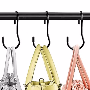 Fitnice 10 Pack Purse Hanger for Closet, S Hooks for Hanging Twisted Purse Hooks Heavy Duty S Hooks Handbag Hanger Organizer Space Saving Closet Rod Hooks for Clothes, Bags, Plants, Pans, Pots (Black)