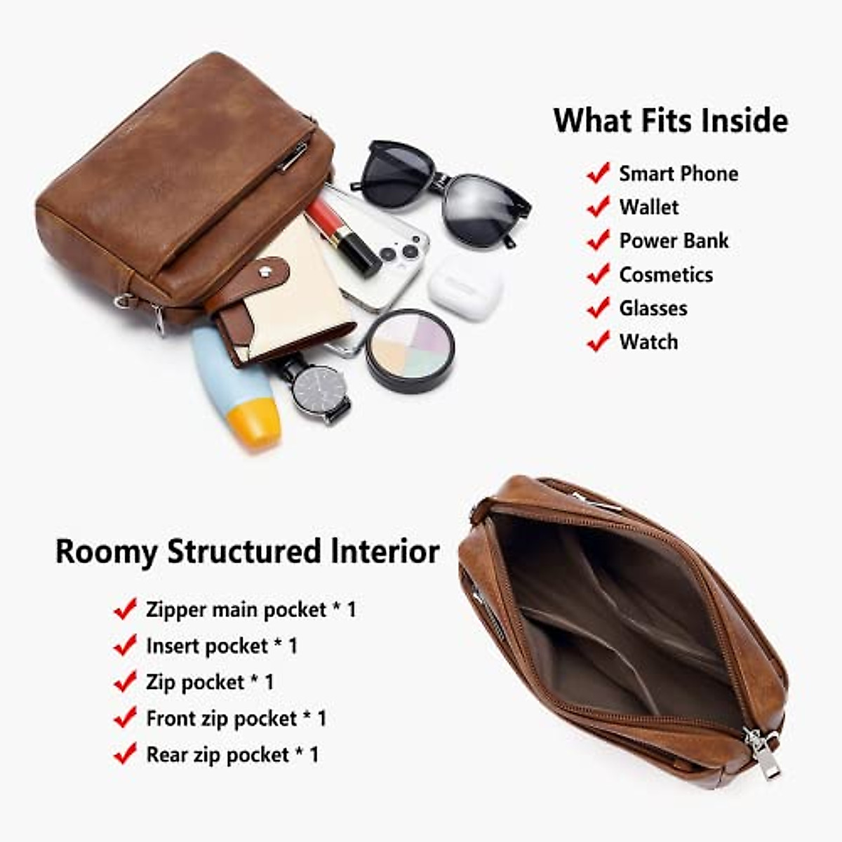 WESTBRONCO Small Crossbody Bags for Women, Shoulder Handbags, Wallet Satchel Purse with Adjustable Strap Brown