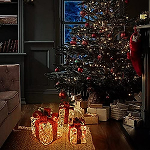COVFEVER Lighted Gift Boxes Set of 3, Battery Operated Light Up Present Boxes Waterproof for Xmas Tree, Indoor Outdoor Christmas Decorations (Red Bow)
