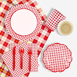 Gatherfun Gingham Red and White Party Supplies Disposable Paper Plates Napkins Cups Knives Spoons Forks Tablecloth Banner for Birthday Party Family Dinner Picnic Barbecue Mother's Day Party, Serve 25