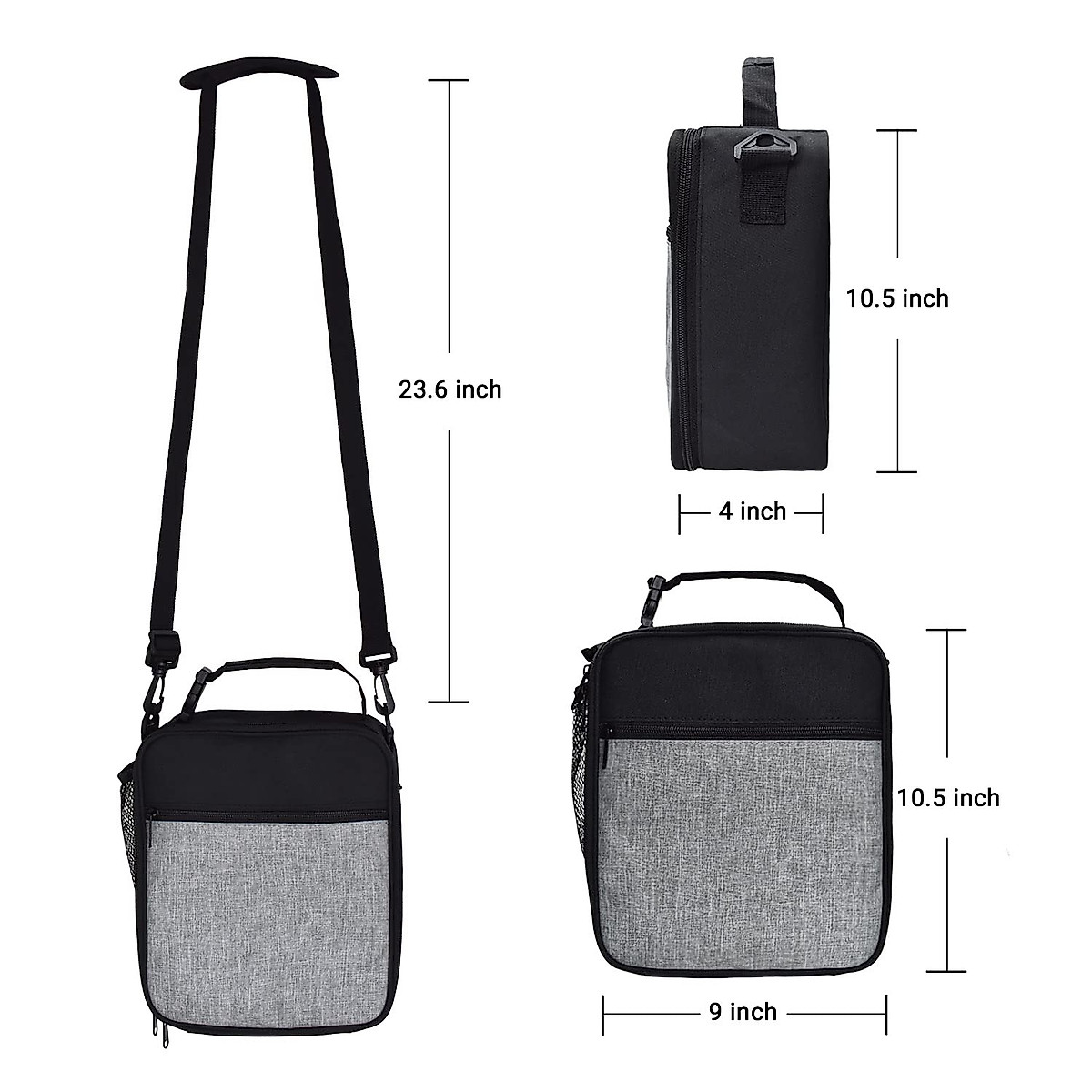 Insulated Lunch Bag for Teen Boys Girls, Women Men Lunch Box, Adults Lunch Bag Leakproof Portable with Removable Shoulder Strap for Office Camping Hiking Outdoor Beach Picnic-Black Gray