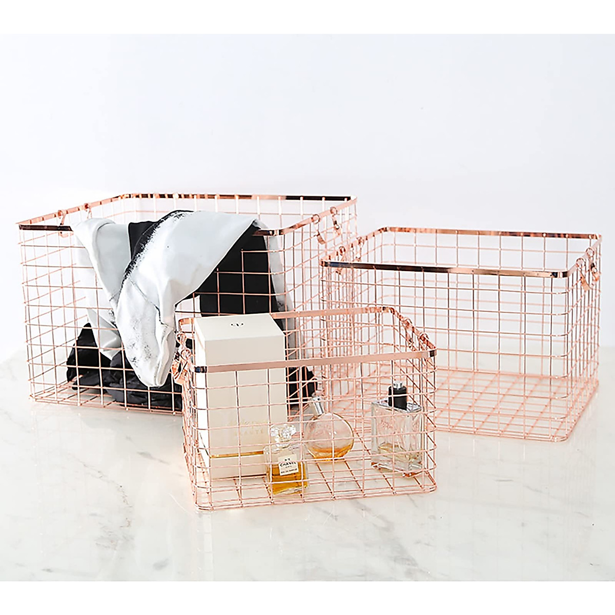 Set of 3 Nested Wire Basket Trays for Storage and Organizing (Rose Gold)