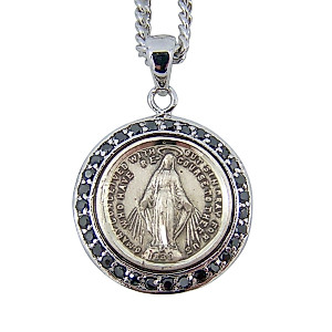 Sterling Silver Round Miraculous Medal Pendant with Black Gllass Accent Border, 3/4 Inch