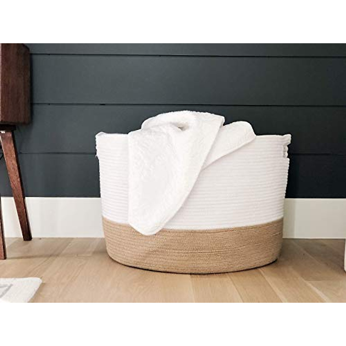 Chloe and Cotton XXXL Extra Large Woven Rope Storage Basket 15 x 21 inch Jute White Handles | Decorative Laundry Clothes Hamper, Blanket, Towel, Baby Nursery Diaper, Toy Bin Cute Collapsible Organizer