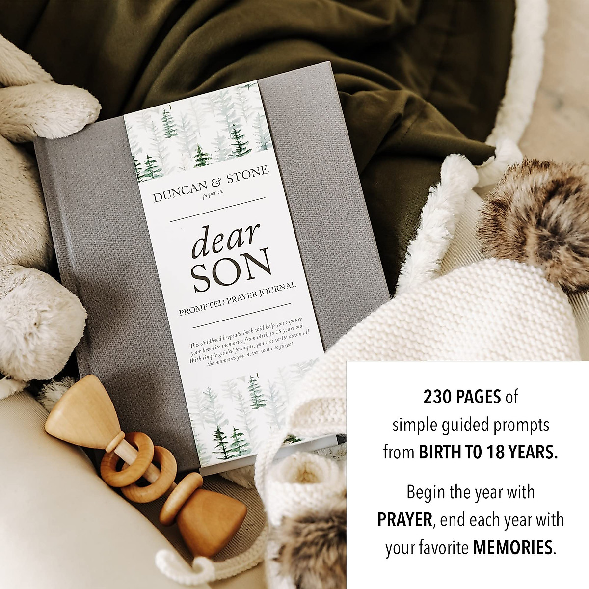 Duncan & Stone Baby Memory Book, Grey, 230 Pages, Prompted Journal for 18 Years