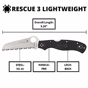 Spyderco Rescue 3 Lightweight Knife with 93mm Flat Ground Steel Blade and Tunnel to Towers Black FRN Handle - SpyderEdge - C14FSBKBL3
