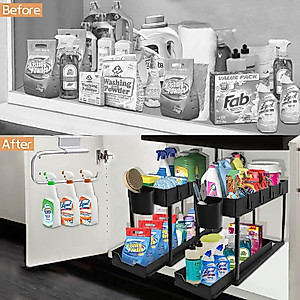 2 Pack Under Sink Organizer, 2 Tier Stretchable Under Sliding Kitchen Bathroom Cabinet Organizers and Storage Shelf with Over The Door Paper Towel Holder, Hooks, Hanging Cup, Black Under Sink Storage