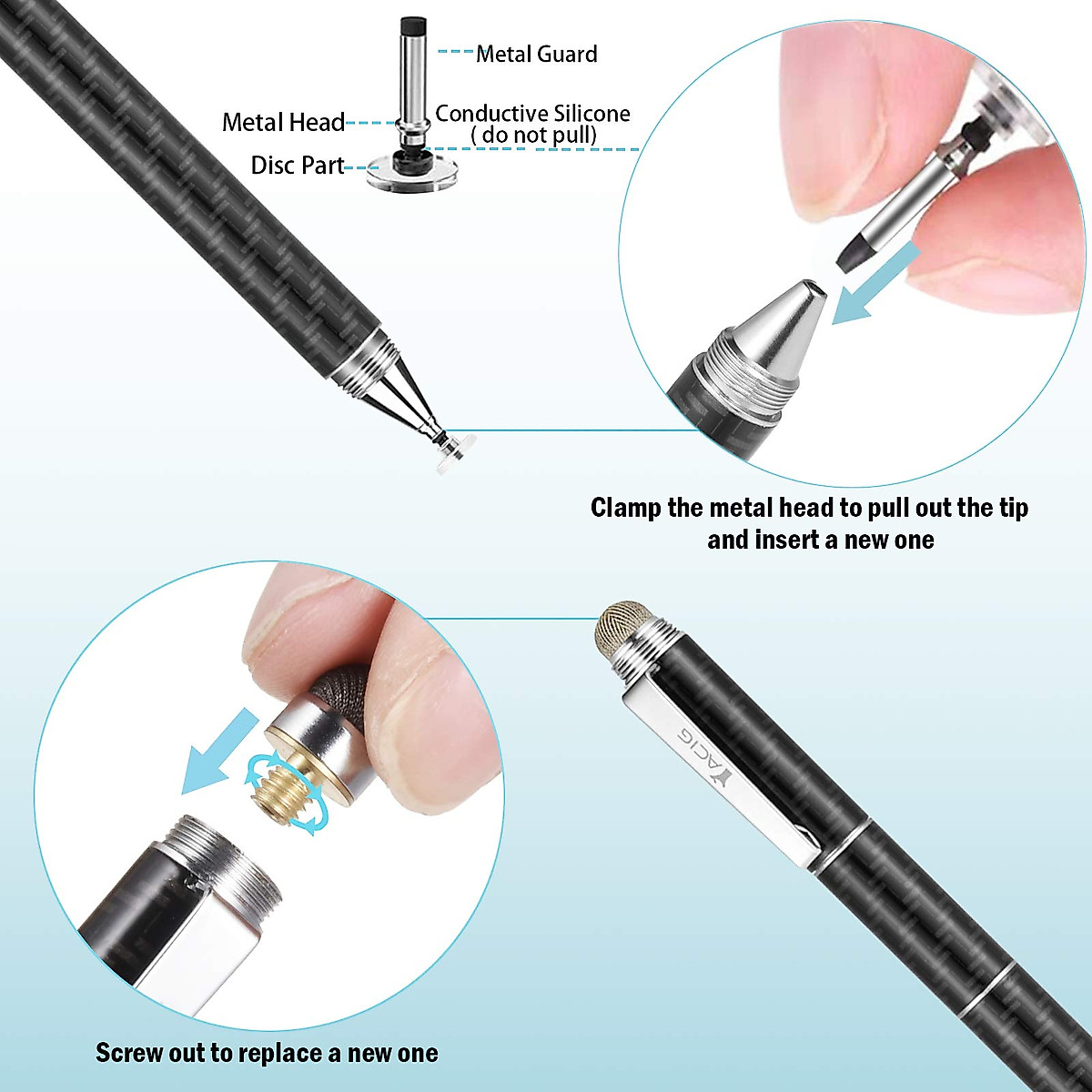 Yacig Capacitive Stylus Pen, 4-in-1 High Sensitivity and Precision Touch Screen Stylus Clear Disc Tip,Black Rubber Tip &Mesh Fiber Tip Compatible with Universal Touch Screen Device,Black