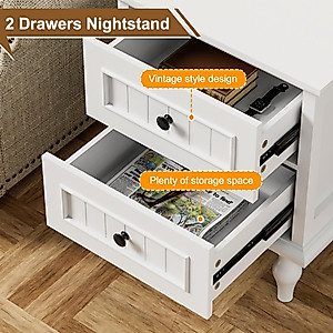 Scurrty Nightstand, Antique Style End Table with 2 Drawers, Taller Nightstand for Bedroom, Side Table for Bedroom (White, Single)