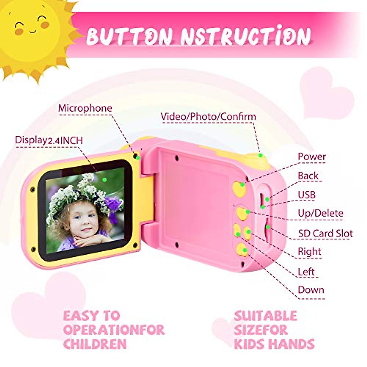 SUZIYO Kids Video Camera Digital Camcorder, Birthday Gifts for Age 3 4 5 6 7 8 9 Boys and Girls, Children Videos Recorder Toy for Toddler HD 1080P 2.4 Screen with 32GB Micro SD Card- Pink