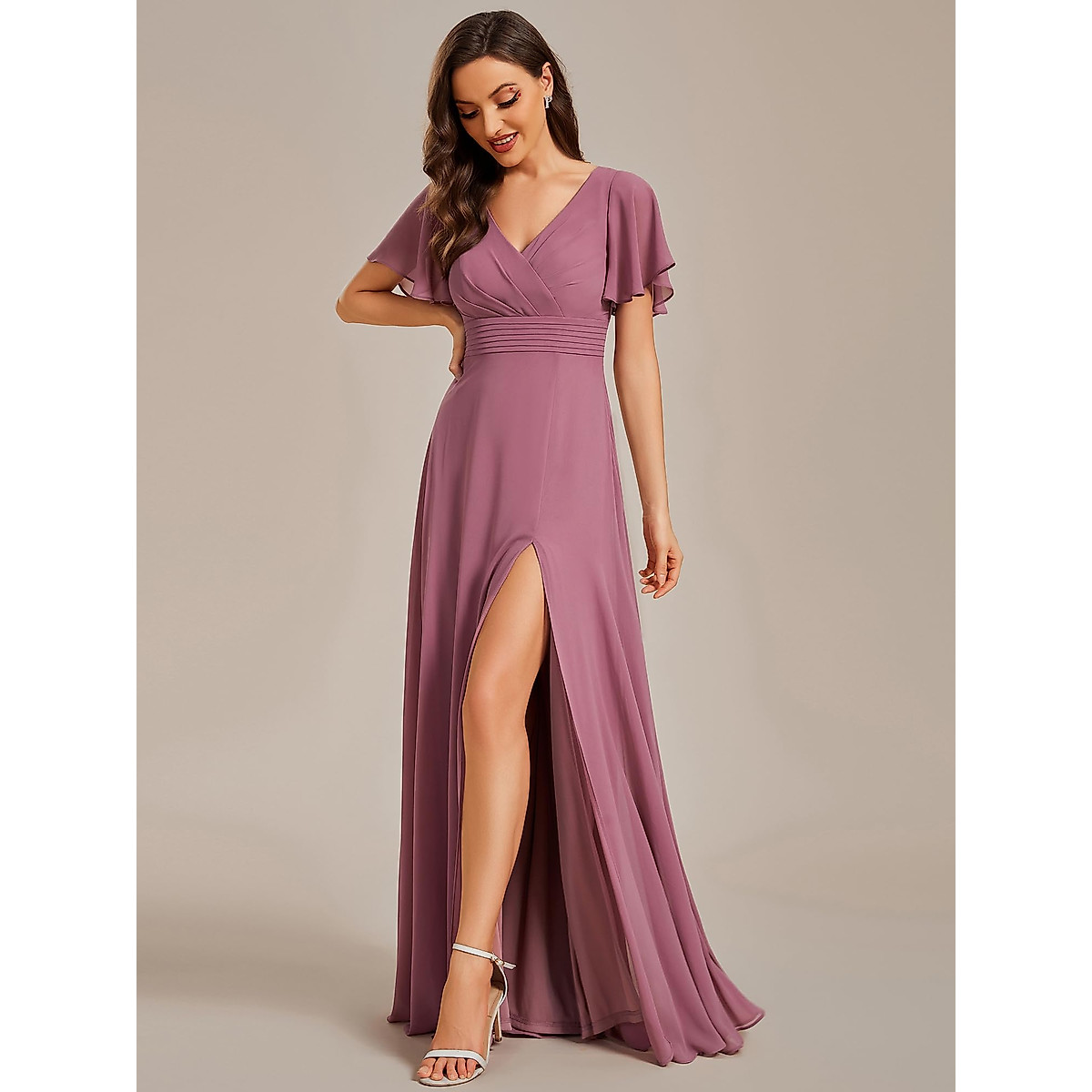 Ever-Pretty Women's Elegant Chiffon Appliques A Line V Neck High Slit Bridesmaid Dress Orchid US12