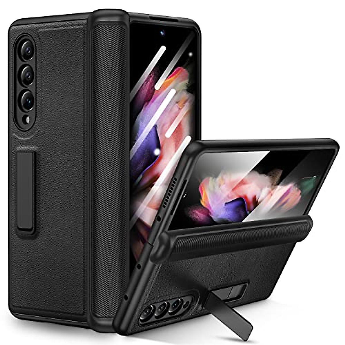 Ruky for Samsung Galaxy Z Fold 3 Full Body Case, Magnetic Kickstand, Hinge Protection, Built-in Screen Protector PU Leather Stand Case for Samsung Galaxy Z Fold 3 5G, Black