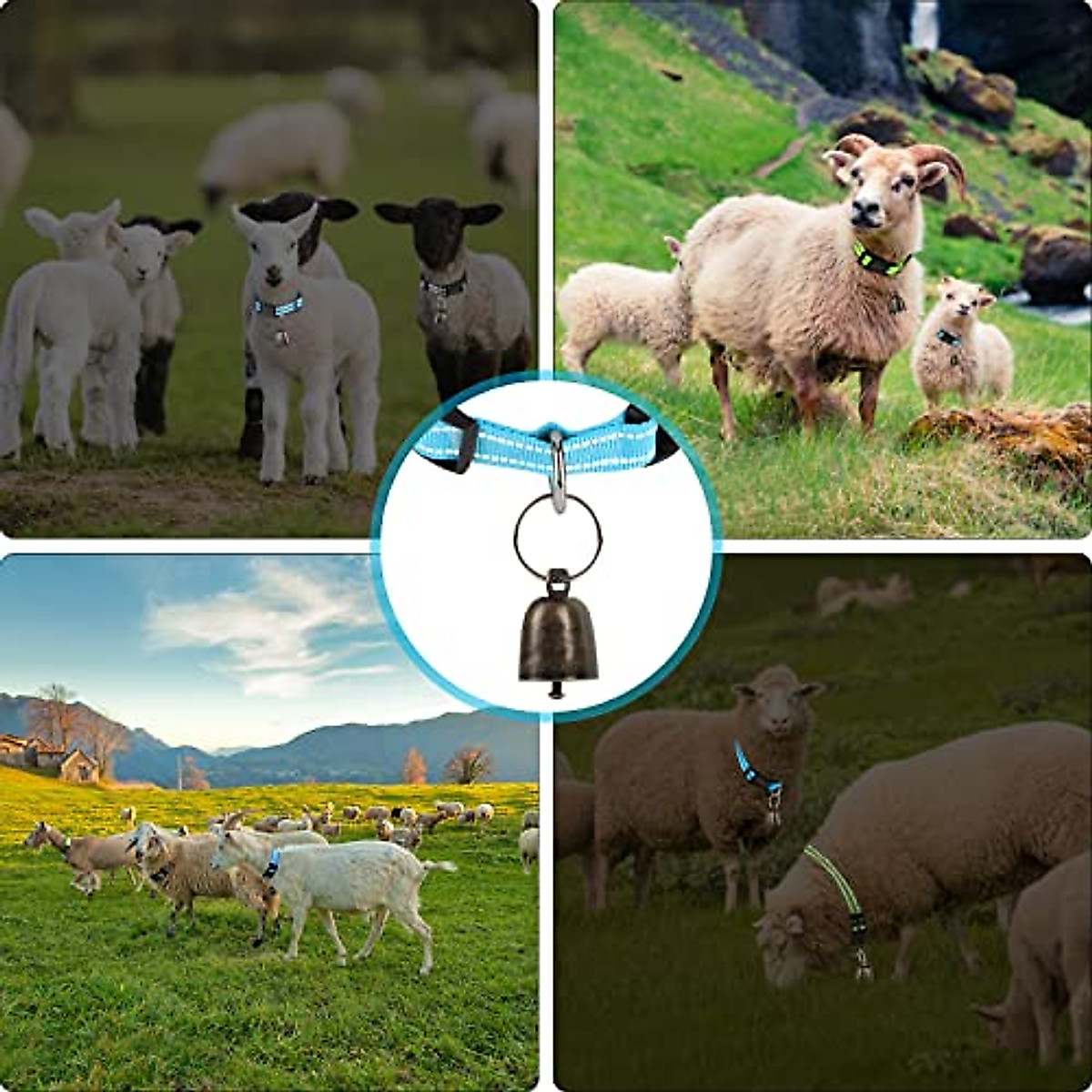 GINDOOR 5 Pack Reflective Goat Collars with Bells, Cow Horse Sheep Grazing Copper Bells and Adjustable Nylon Collar Set Pet Anti-Lost Loud Bronze Bell for Small Farm Animal Goat Sheep Cow Accessories