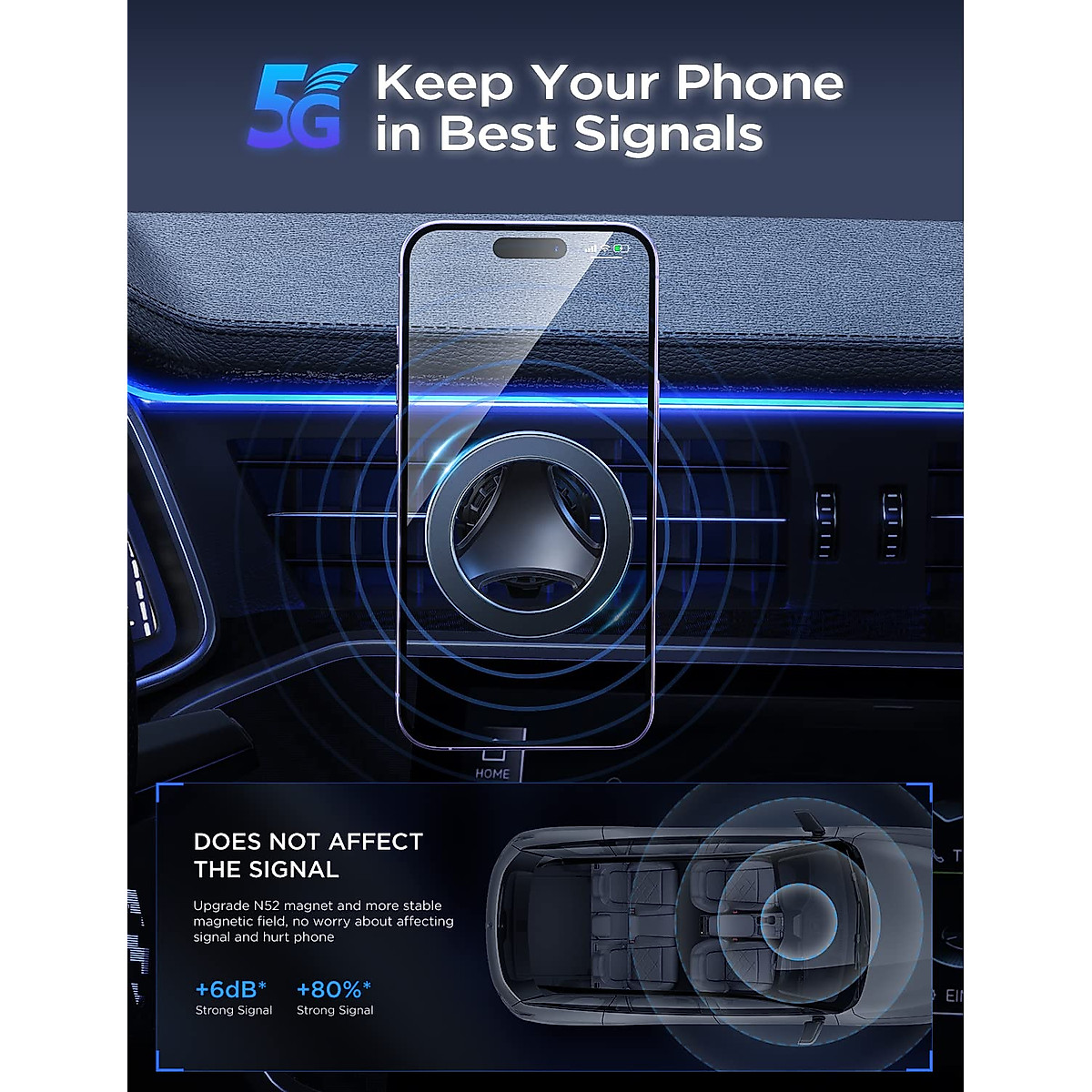 LISEN Fits MagSafe Car Mount [20 Strongest Magnets] Magnetic Phone Holder for Car Fits iPhone 15 Pro Max Plus, Adjustable Air Vent Magsafe Cell Phone Holder Car for iPhone 14 13 12 & MagSafe Case