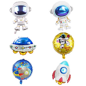 6 PCS Outer Space Rocket Balloons for Party Birthday Decoration, LALIPOK Astronaut Foil Balloon Large Universe UFO Spaceman Garland for Boys Kids Babyshower Supplies