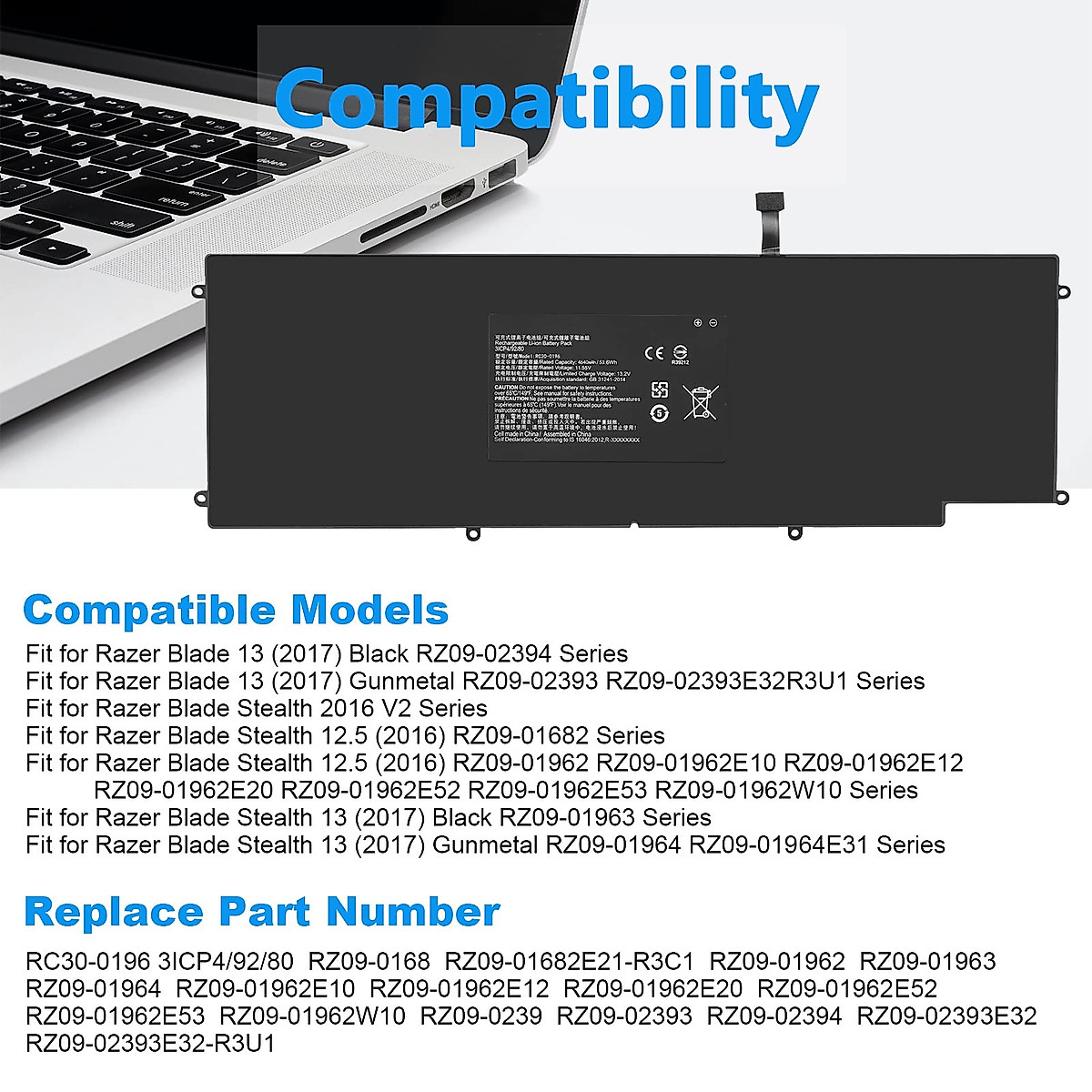 RC30-0196 Laptop Battery for Razer Blade Stealth 2016 v2 2017 i7-7500U i7-8550u 13.3" RZ09-01962W10 RZ09-0239 RZ09-02393E31 RZ09-01962E52 RZ09-01962E53 RZ09-01962E20 RZ09-01962E10 RZ09-01962E12