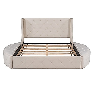 Velvet Upholstered Queen Platform Bed with Storage, Queen Size Bed Frame with Headboard, 1 Big Drawer and 2 Side Storage Stool, Strong Wooden Slats/Easy Assembly/Beige